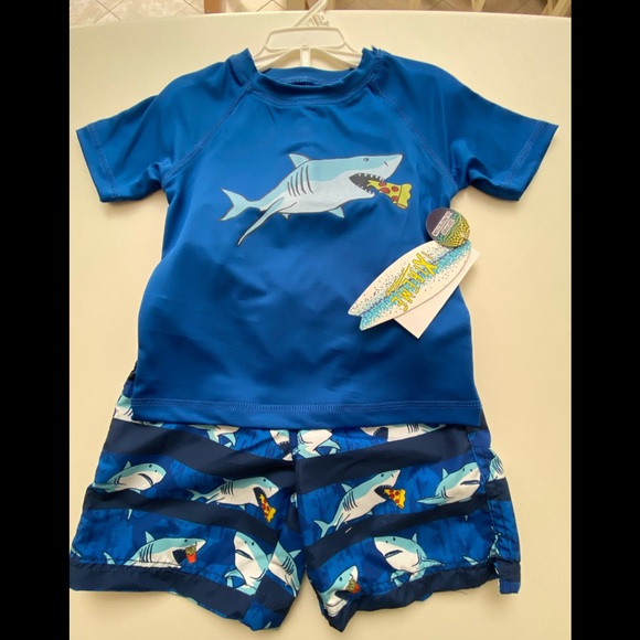 Swim | Nwt Royal Blue Pizza Shark Boys Rash Guard Set Size 3t | Poshmark